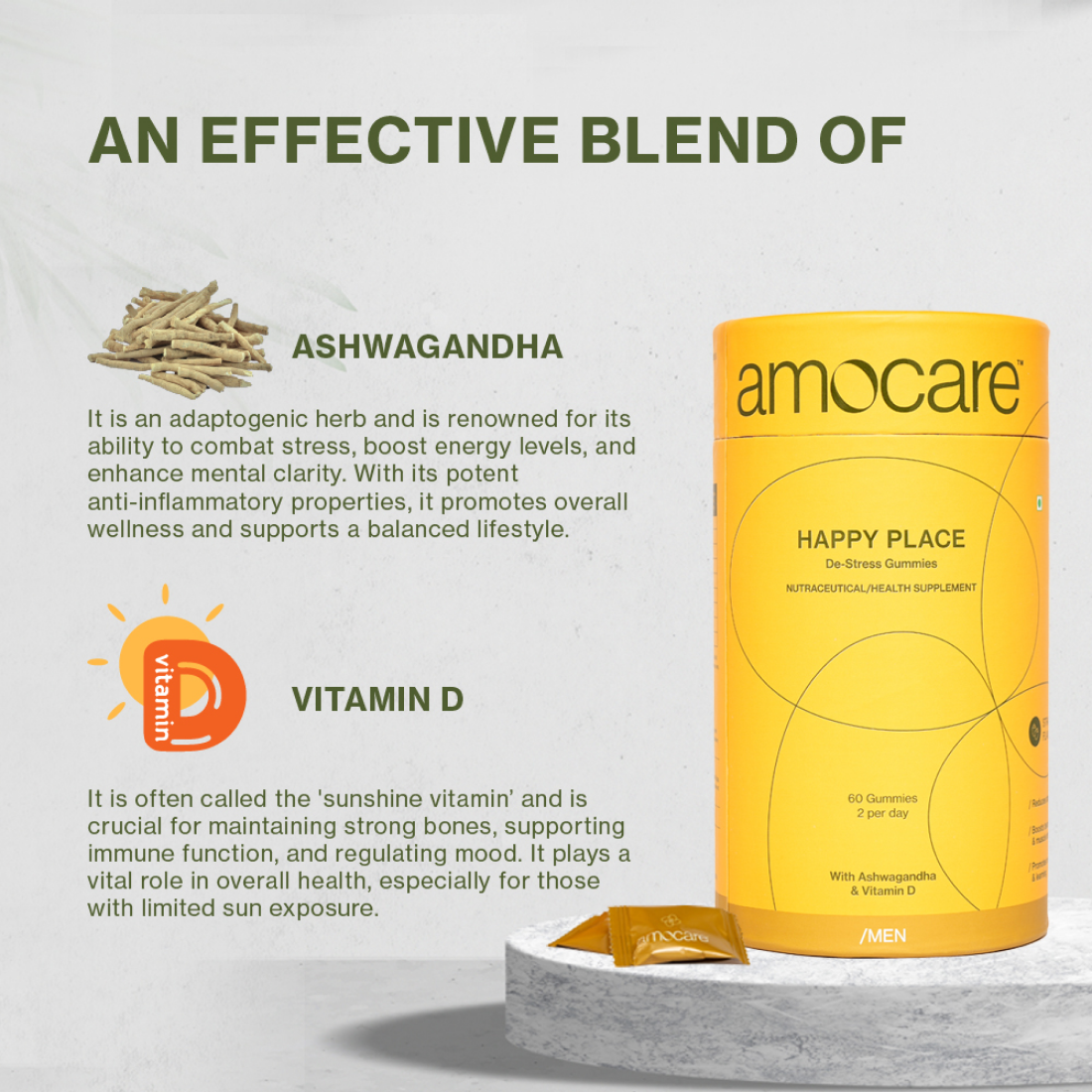 De-Stress Gummies for Men | Ashwagandha & Vitamin D Supplement | Amocare